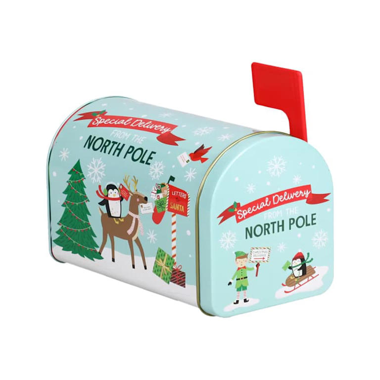 Dollar Tree is selling cute mini Christmas tins that are mailbox-shaped