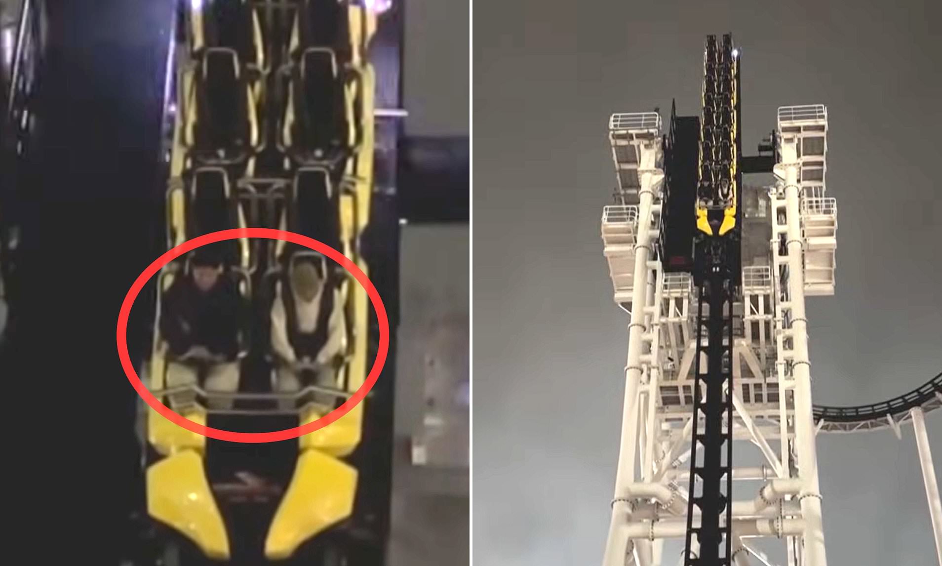 Terrifying roller coaster malfunction leaves two men suspended 130ft in ...