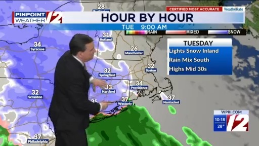 WPRI 12 weather now 12/22/25 light snow/rain Tuesday