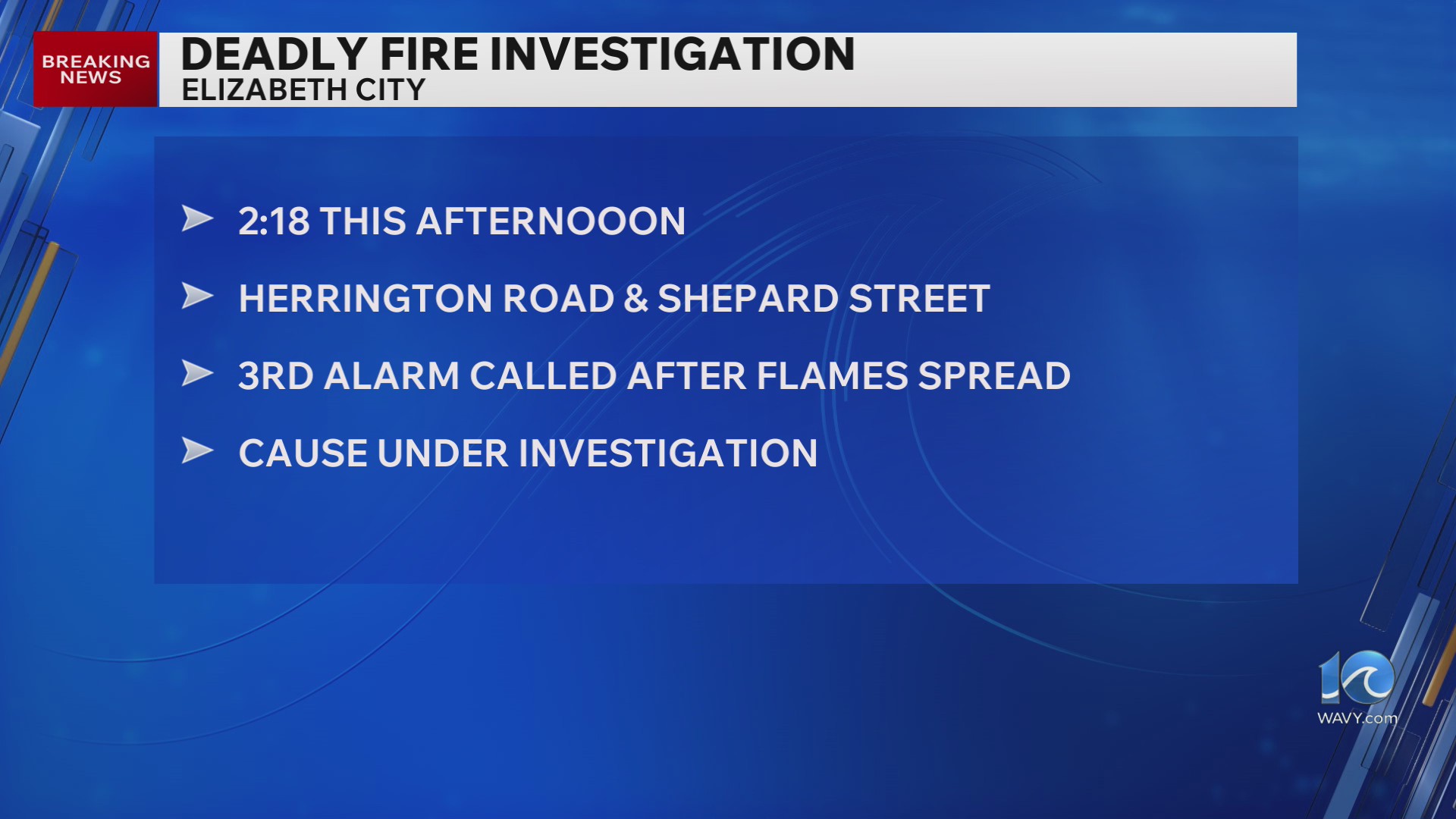 1 dead in 3-alarm fire in Elizabeth City