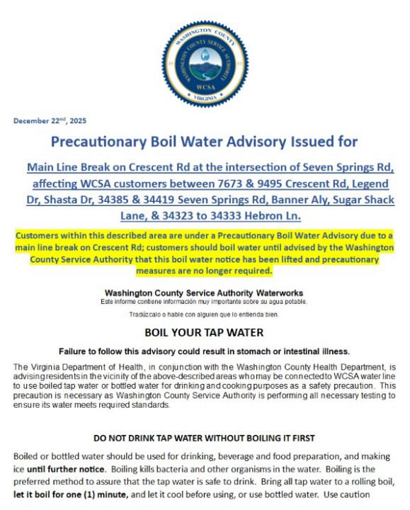 Boil water advisory issued for parts of Glade Spring, Va.