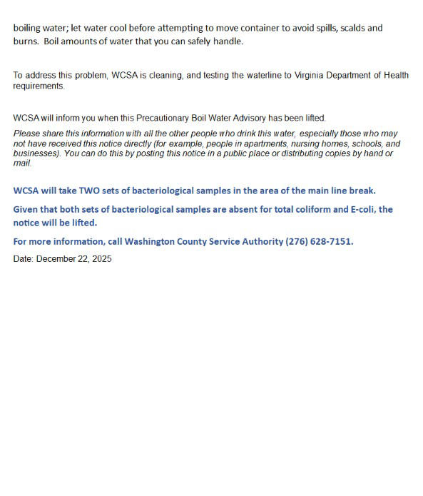 Boil water advisory issued for parts of Glade Spring, Va.