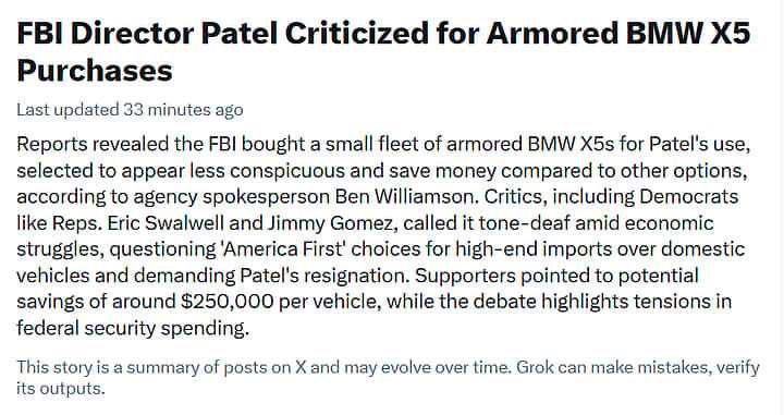 FBI chief Kash Patel under scrutiny over armoured BMWs, scrapped $115 ...
