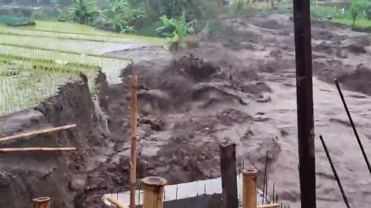 Severe floodwaters sweep through Desa Glempang in Central Java, Indonesia