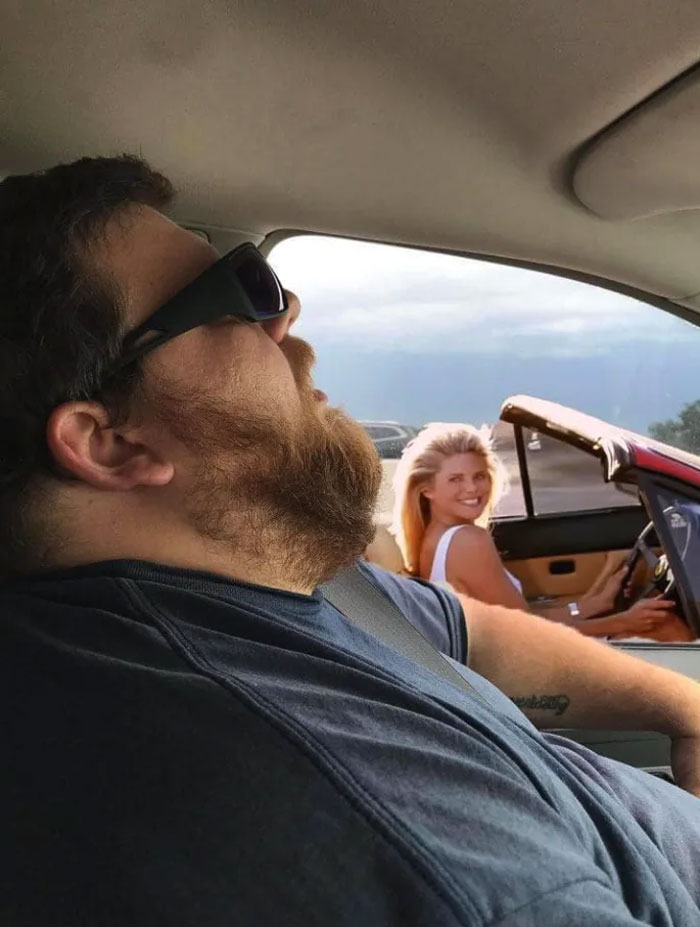 Guy falls asleep on a road trip, wife asks people to photoshop what he ...