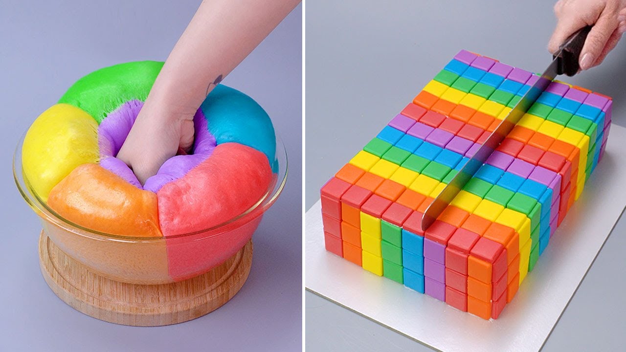 Rainbow dough press and colorful cube cake cutting