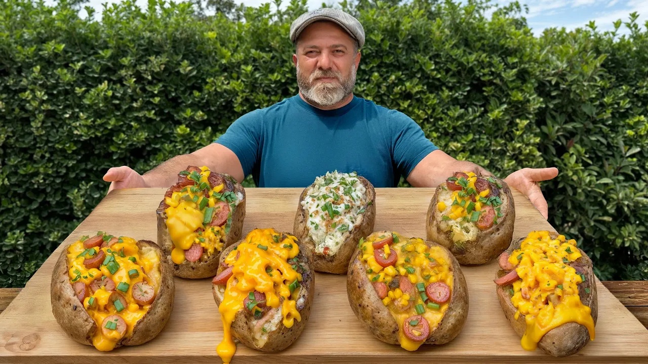 Grilled stuffed potato with 10 toppings cooked outdoors