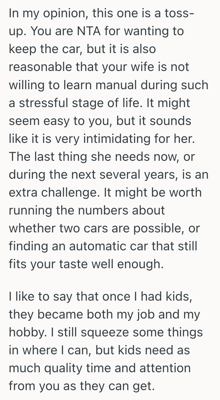 Husband doesn’t want to sell his sports car to make room for a new baby ...