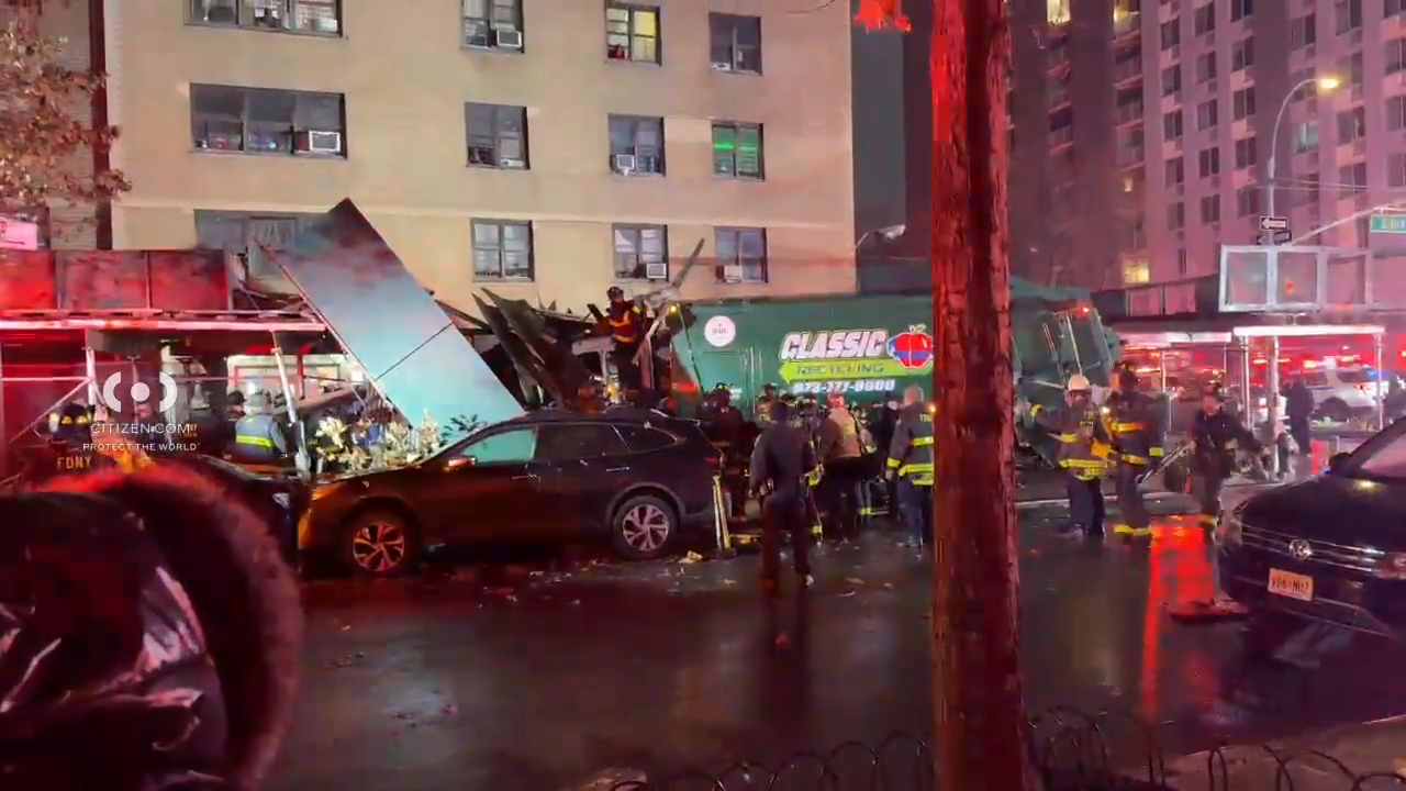 Sanitation truck crashes into scaffolding surrounding East Harlem ...