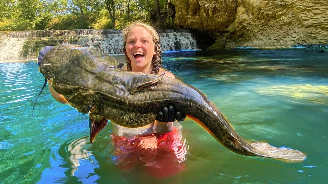 Hand-noodled massive catfish under crystal clear spillway