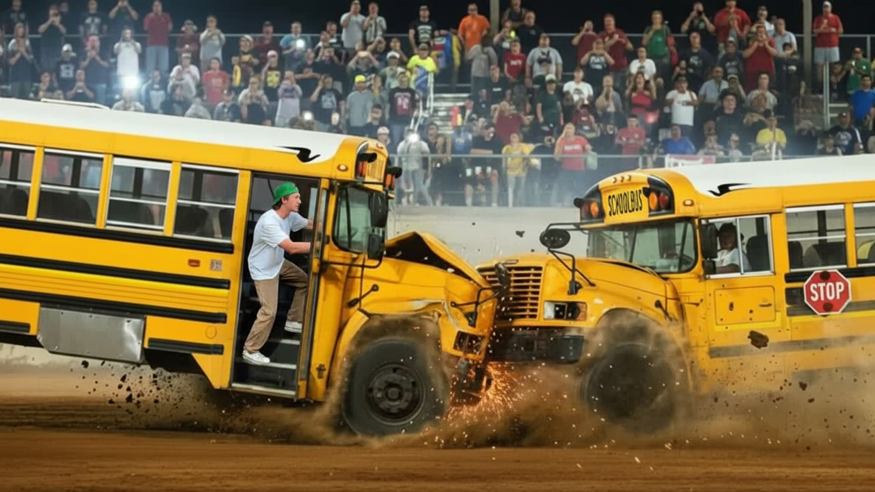 Bus destruction derby almost ends tragically