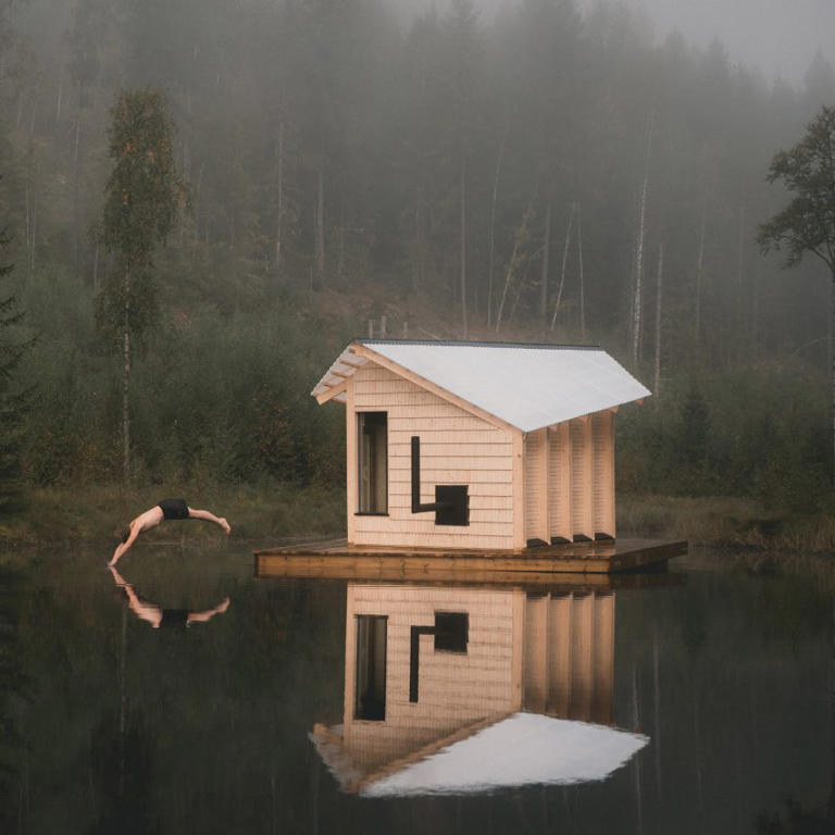 Rabagast Studio floats timber sauna atop lake in rural Norway