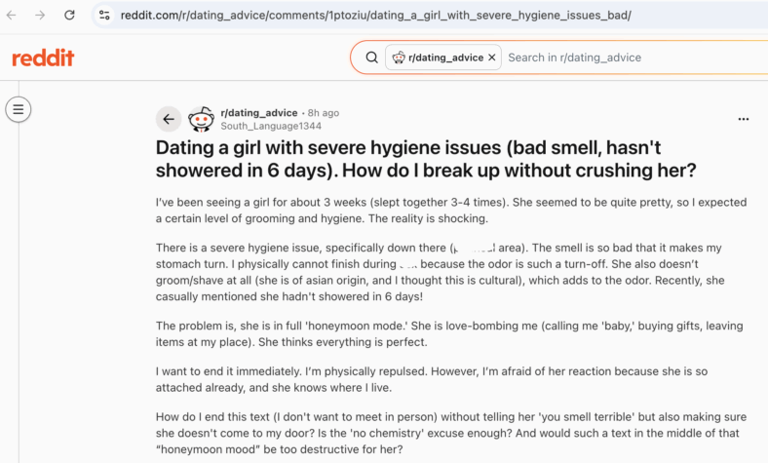 He's been dating a girl who smells so bad that he finds her repulsive ...