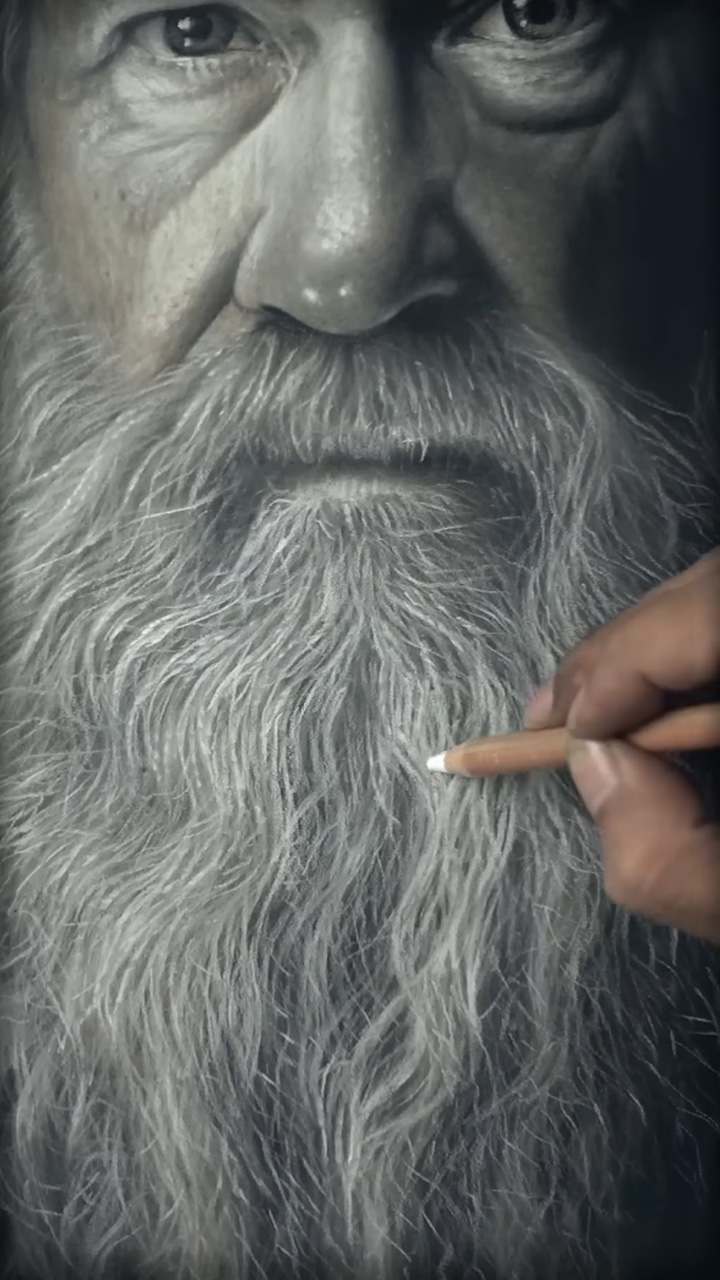 Detailed realism drawing of Gandalf the Grey with iconic presence