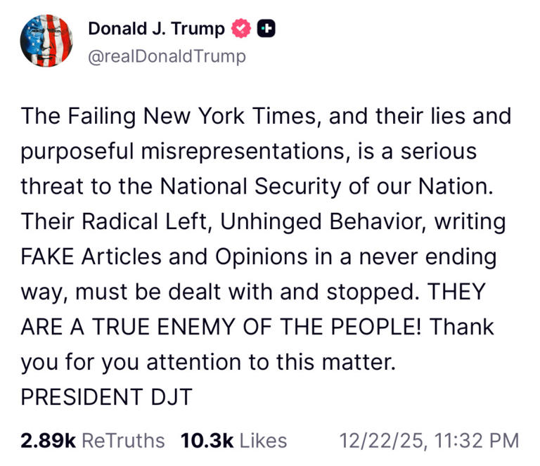 Trump: 'True enemy' New York Times 'must be dealt with'