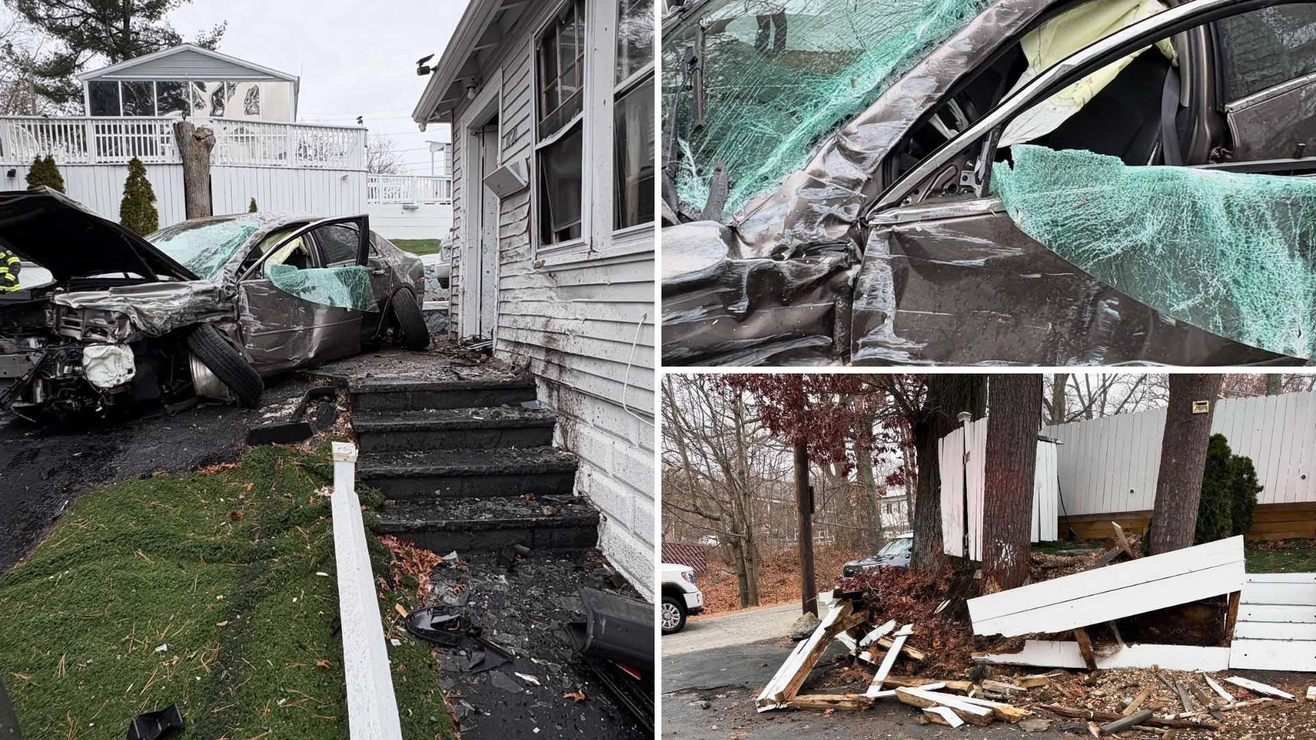 Driver trapped after crash into Massachusetts home