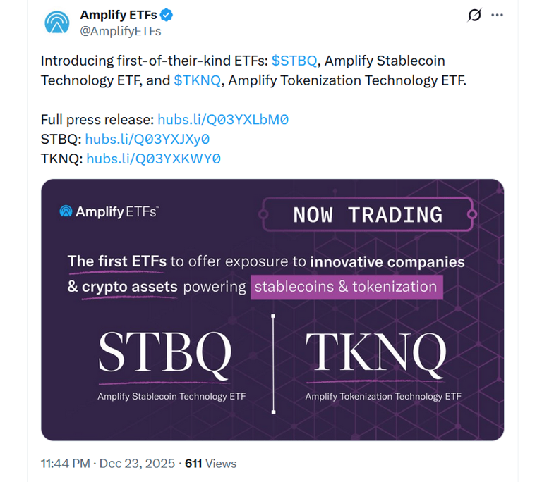 Amplify ETFs for stablecoins, tokenization go live for trading