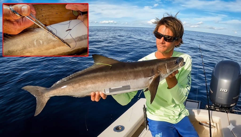 Man performs a surgery on a fish