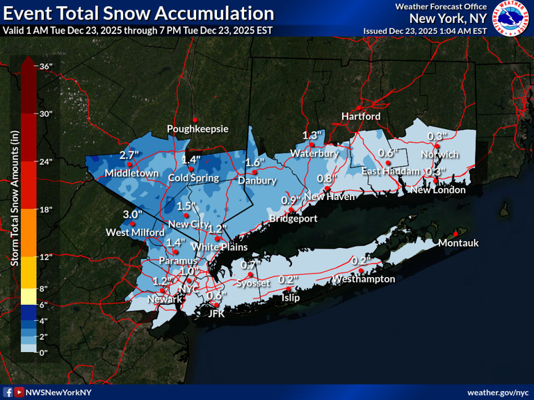 How much snow did we get in NYC-metro area Dec. 23? See inch counts
