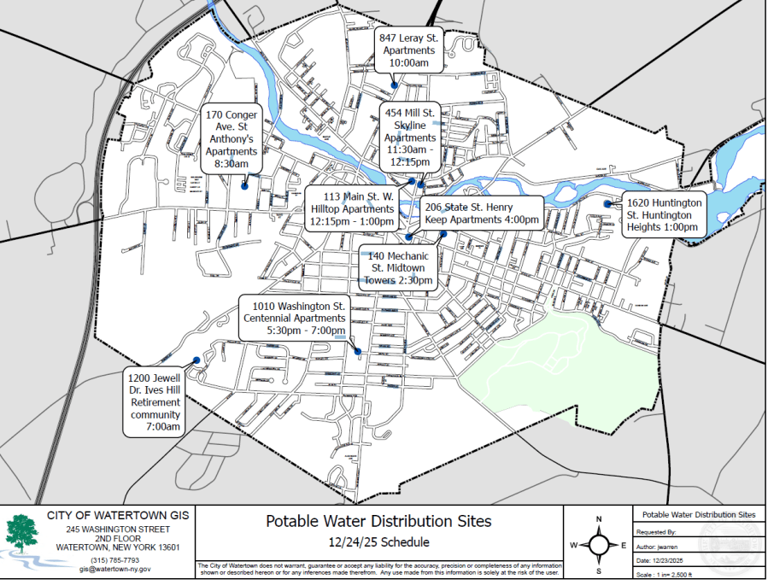Watertown announces potable water distribution centers