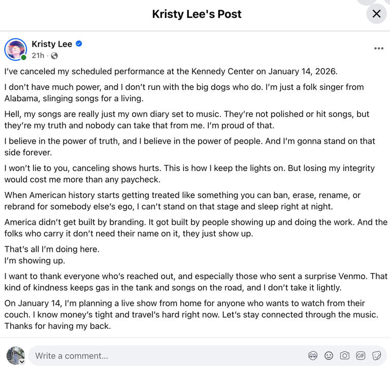 Artist who canceled show at Trump’s Kennedy Center speaks out