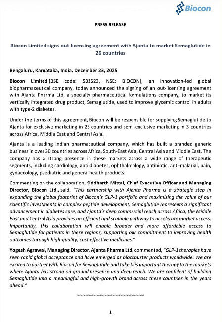 Biocon out-licenses diabetes drug to Ajanta Pharma for marketing in 23 ...