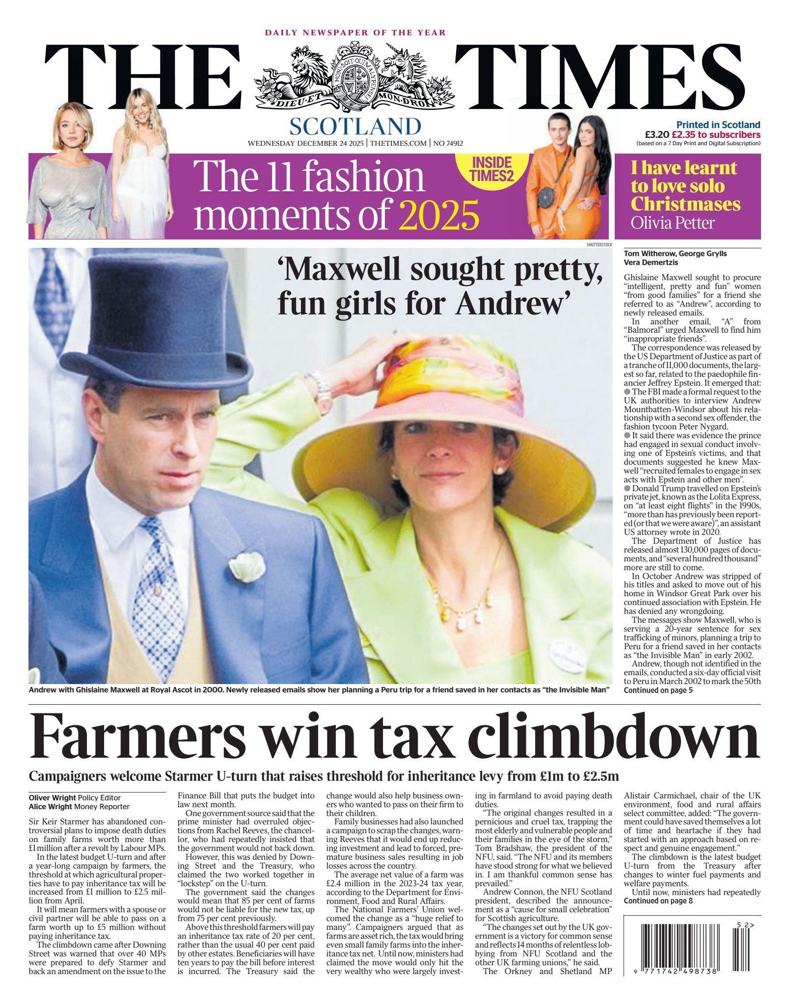 Scotland's papers: Balmoral Epstein emails and justice minister faces probe