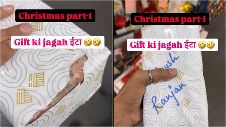 Office 'Secret Santa' turns awkward after man unwraps a brick. Viral video