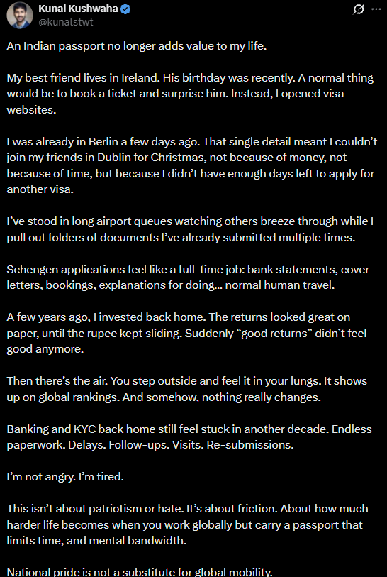 Man shares why his Indian passport no longer adds value to his life in ...