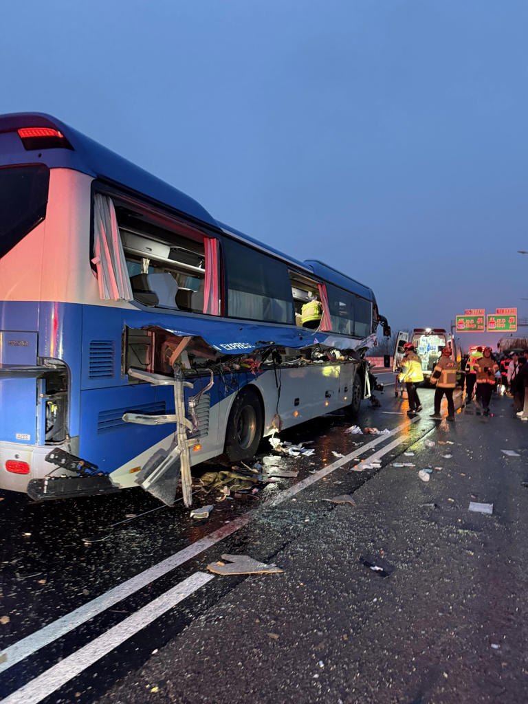 Intercity bus-cargo truck collision injures nine