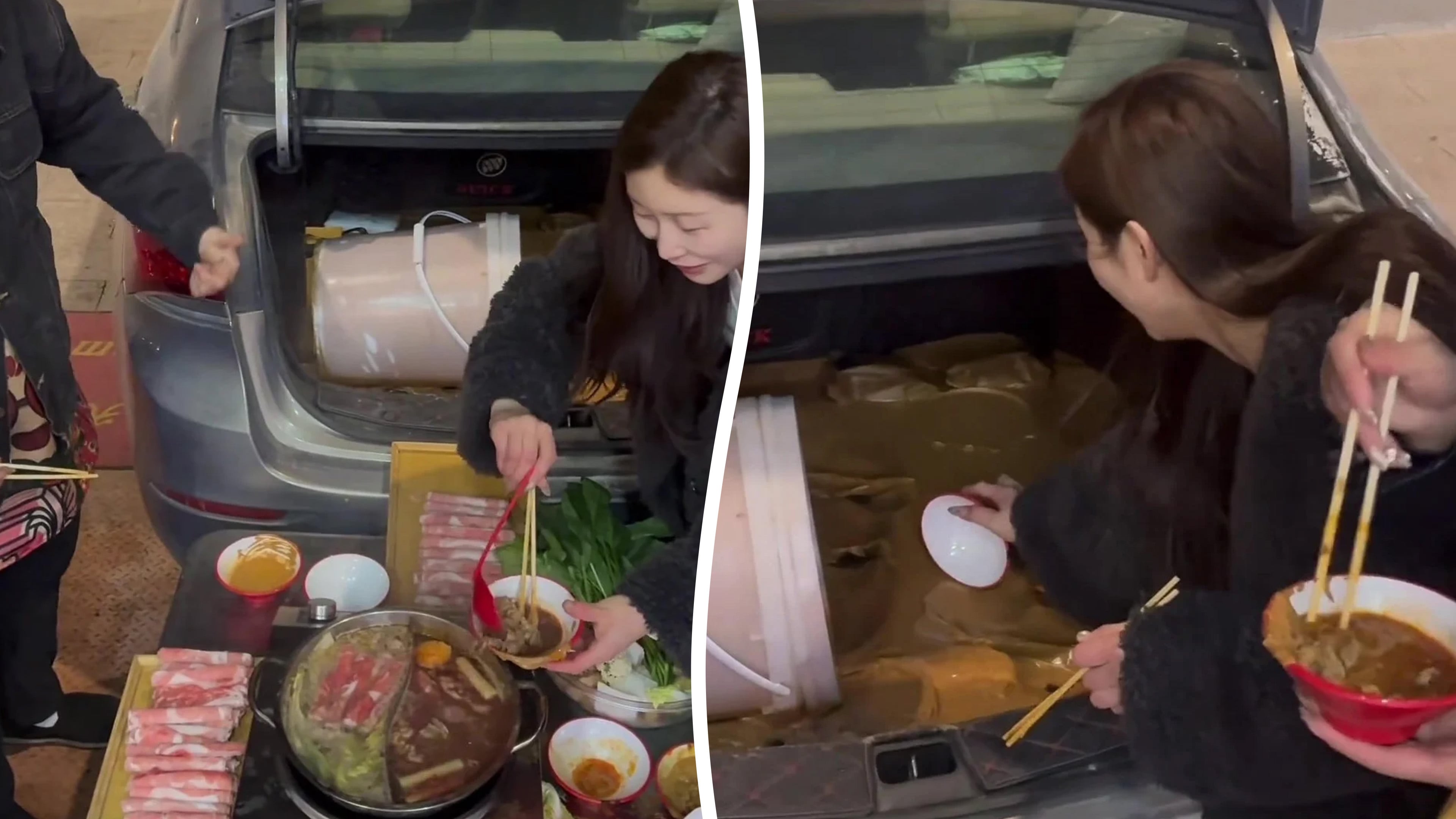 Une femme concocte un repas pour ses amis dans le coffre de sa voiture