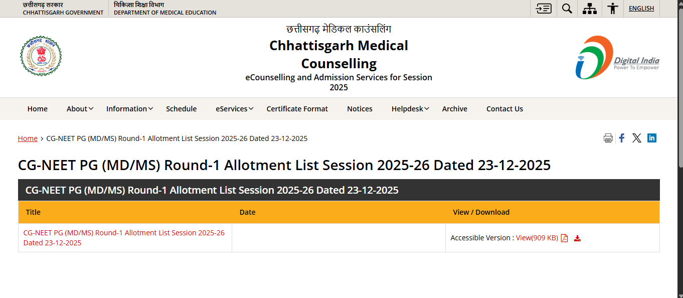 Chhattisgarh NEET PG counselling 2025 round 1 seat allotment result ...