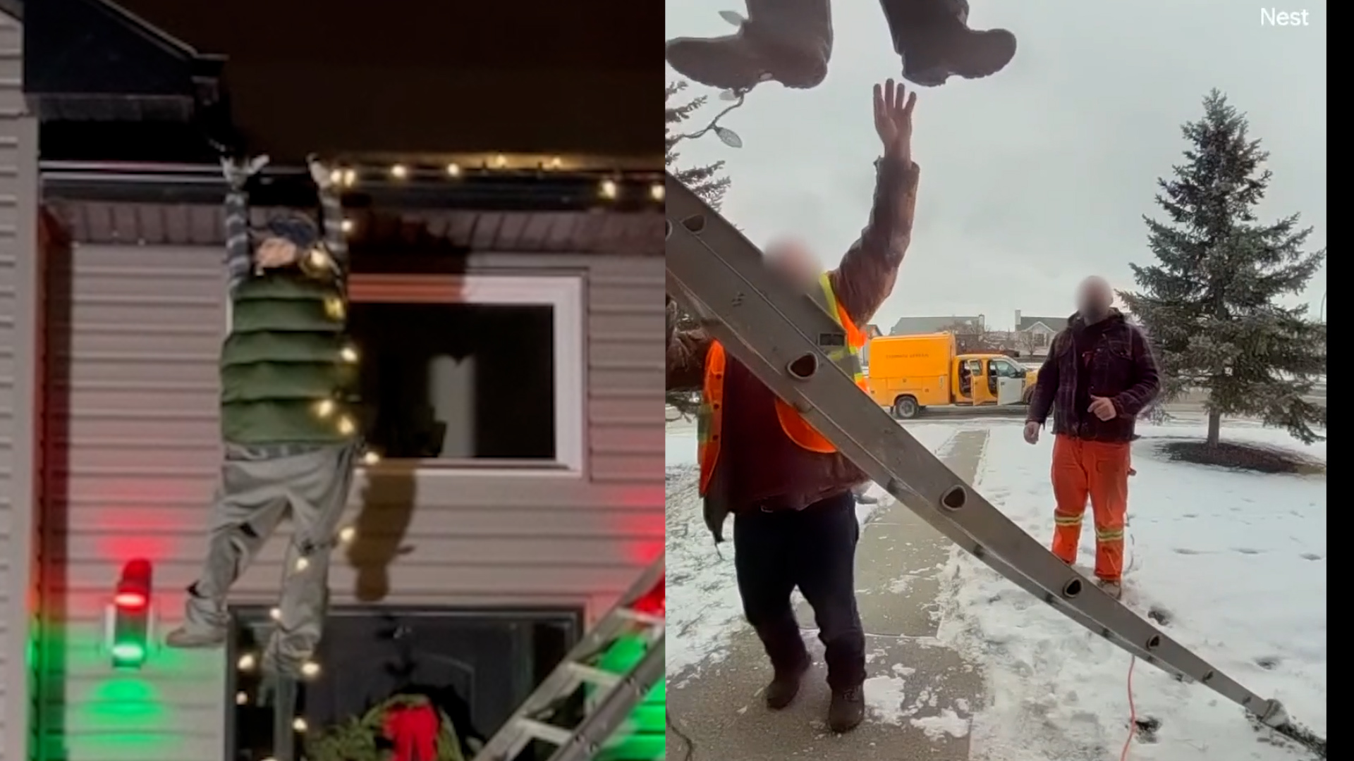 Concerned neighbors check on robotic Clark Griswold dangling from house