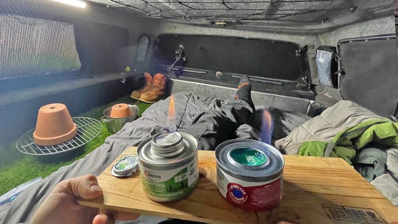 Truck camping in -17 degrees using Sterno cans for heat