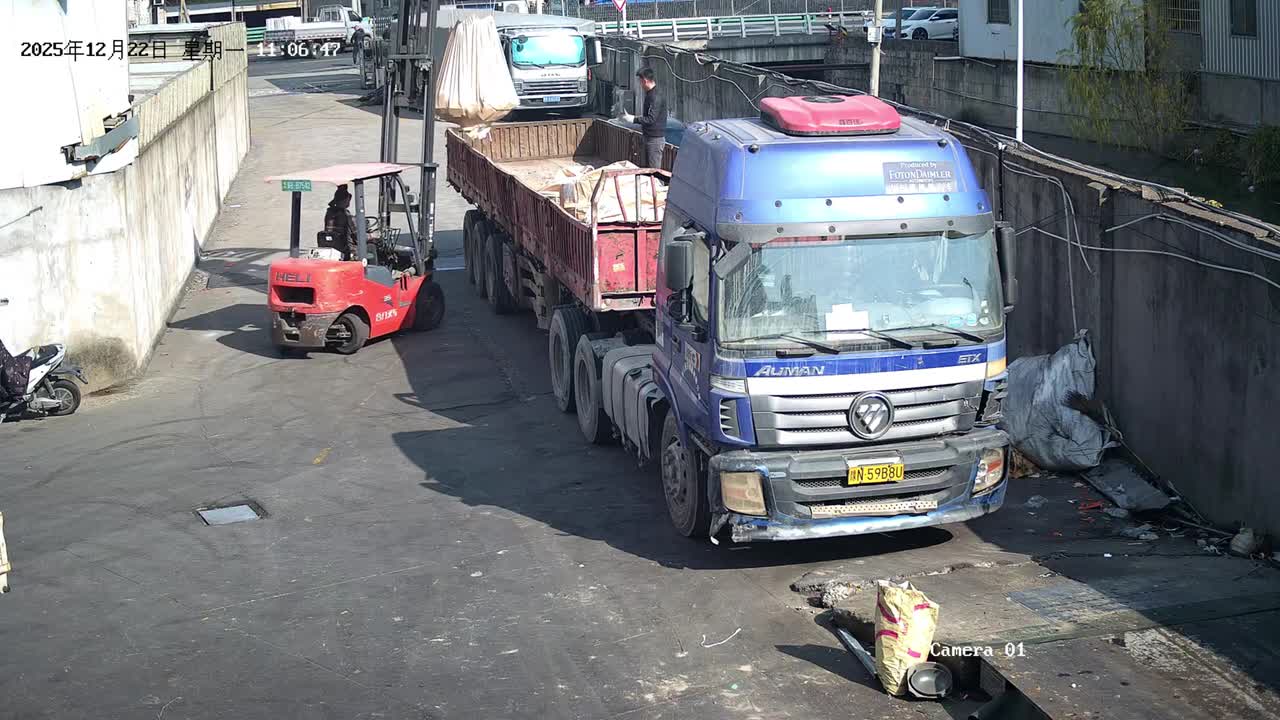 Industrial forklift tips while unloading cargo in Zhejiang, China