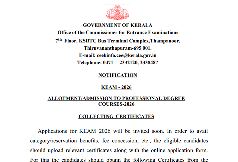 KEAM 2026 registration to begin soon: CEE Kerala releases list of ...
