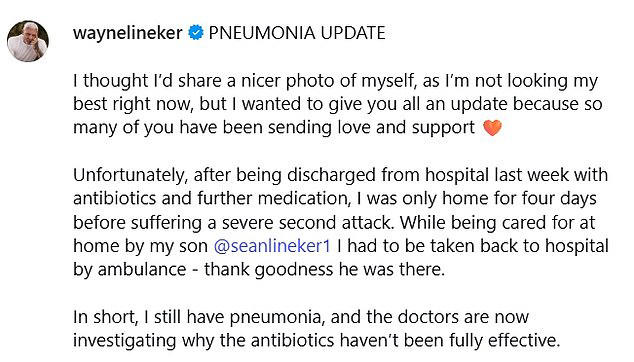 Wayne Lineker, 63, gives health update after he was readmitted into ...