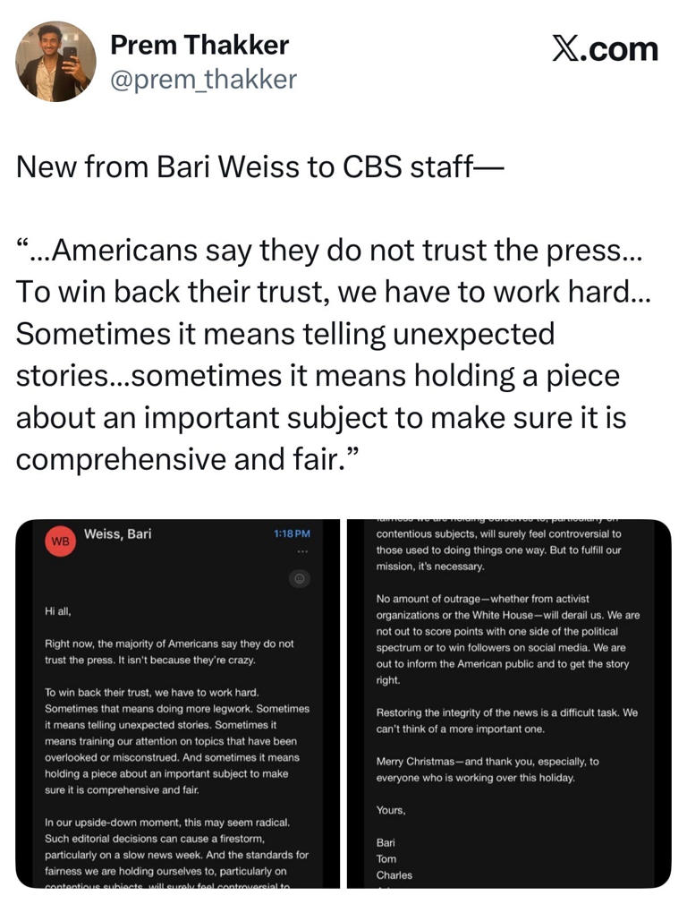 CBS boss sends Christmas Eve memo over axed '60 Minutes'