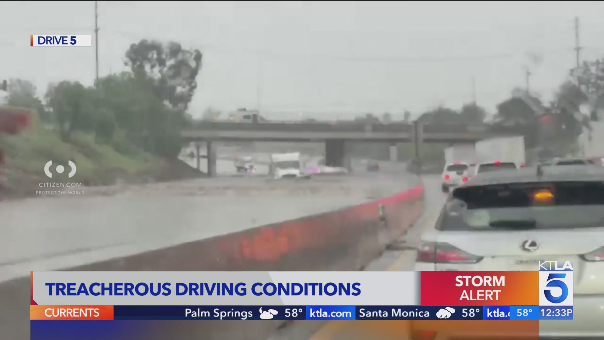 Storm alert: 5 Freeway submerged under floodwaters