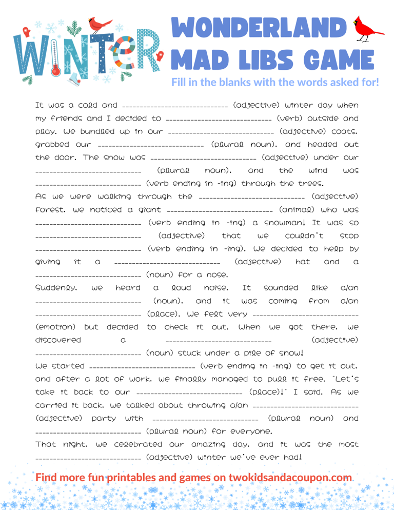 3 free printable winter mad libs games