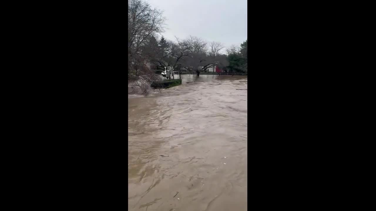 Cedar River flooding after atmospheric river in Renton, Washington, USA