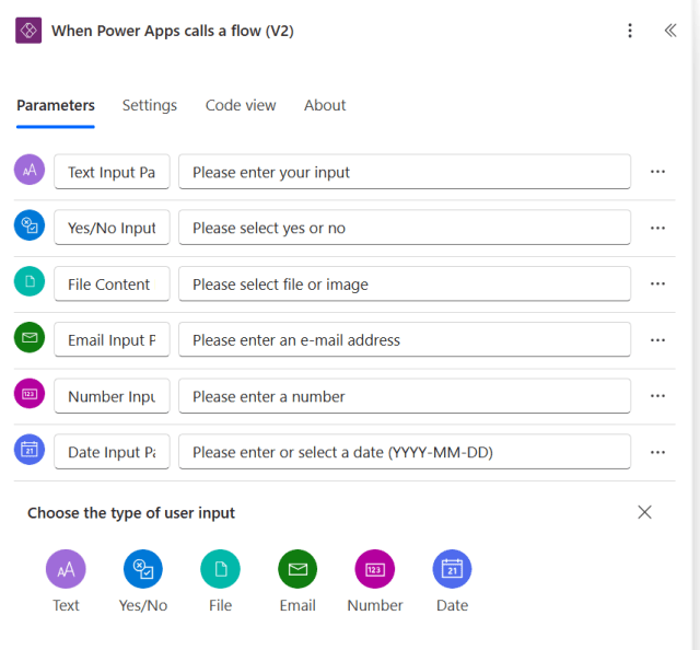 Input and output parameters in Power Apps flows