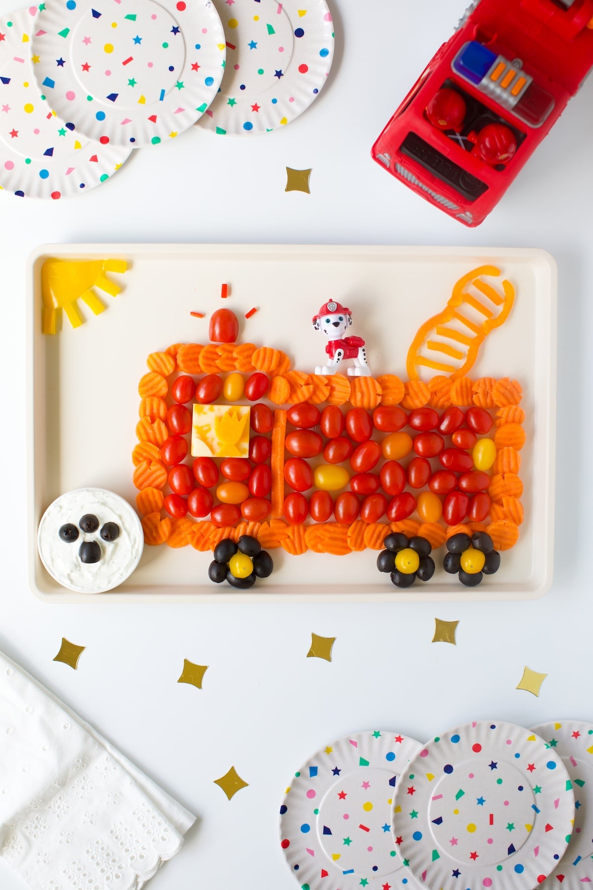 Make a fire truck vegetable platter for a PAW Patrol: Fire Rescue watch ...
