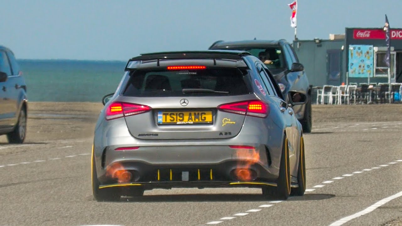 400HP Mercedes A35 AMG with decat exhaust - revs, flames, and launches
