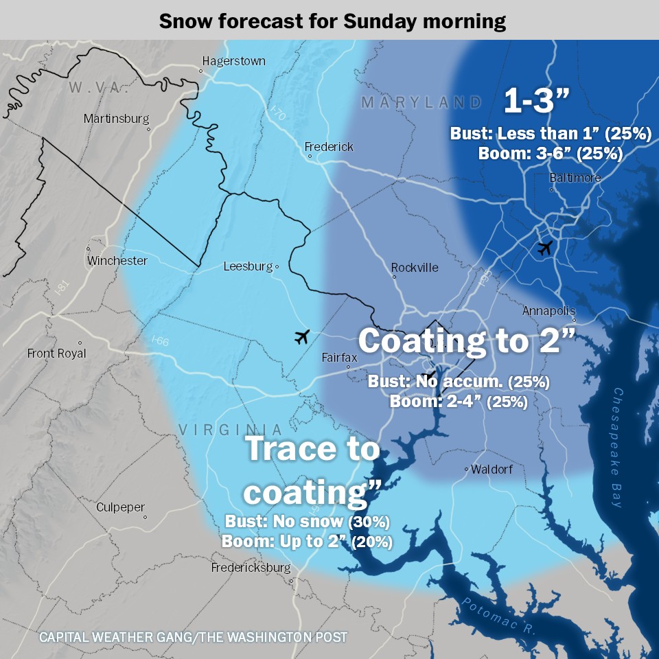 Some snow is likely early Sunday in the DC area. How much will fall?