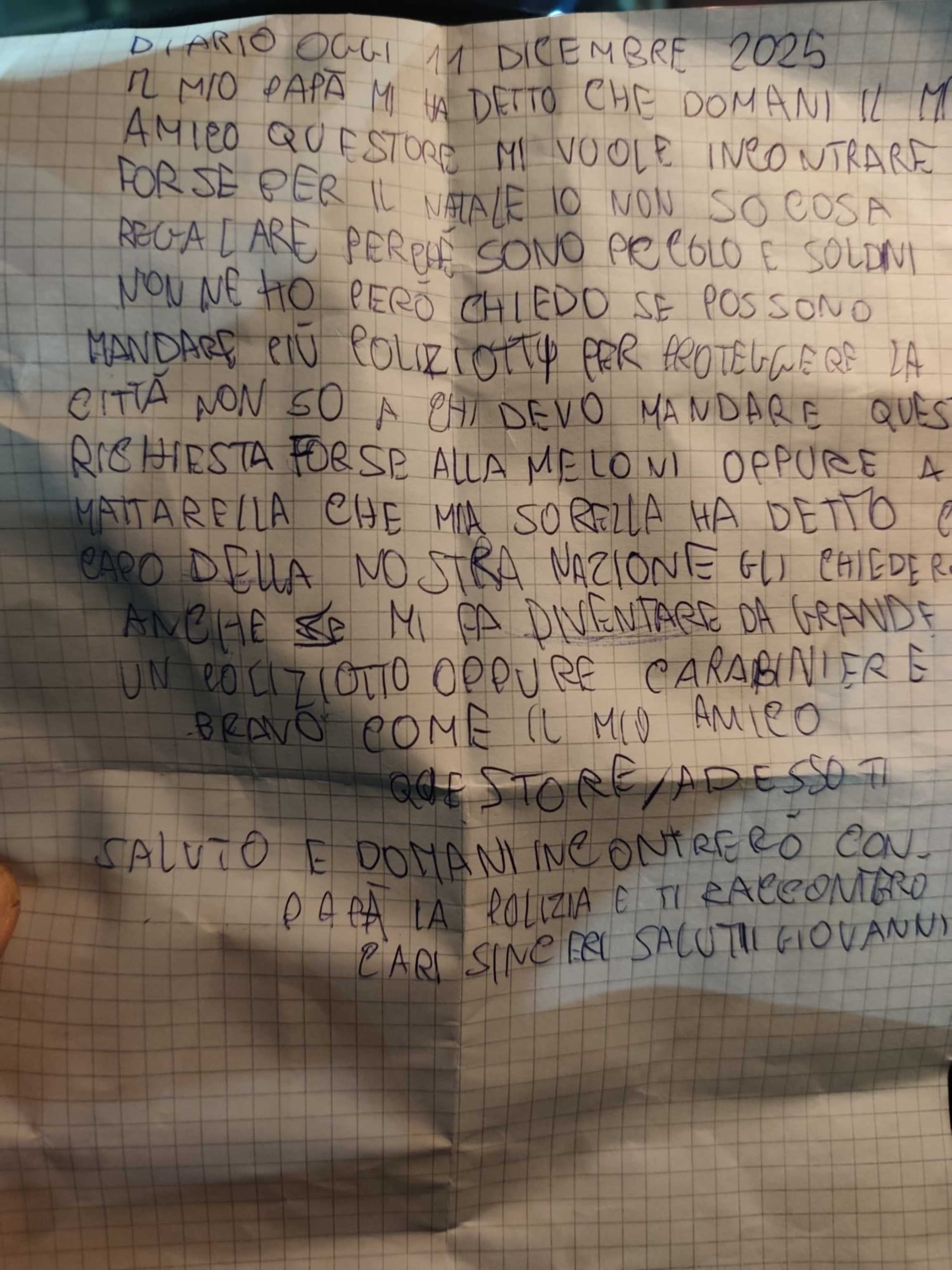 Bimbo di 9 anni chiede per Natale "più poliziotti che proteggano Foggia"