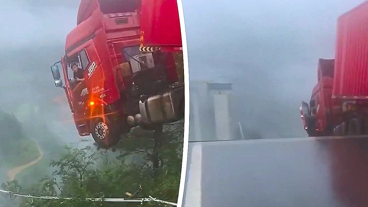 Truck driver becomes viral sensation after surviving 100-ft drop scare