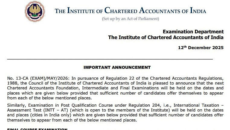 ICAI announces CA May 2026 exam schedule for foundation, intermediate ...