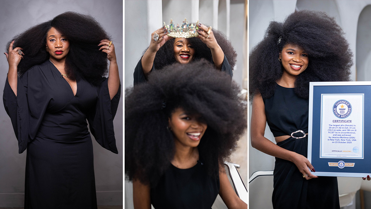 Aevin Dugas passes her record for the world’s largest afro to Jessica ...