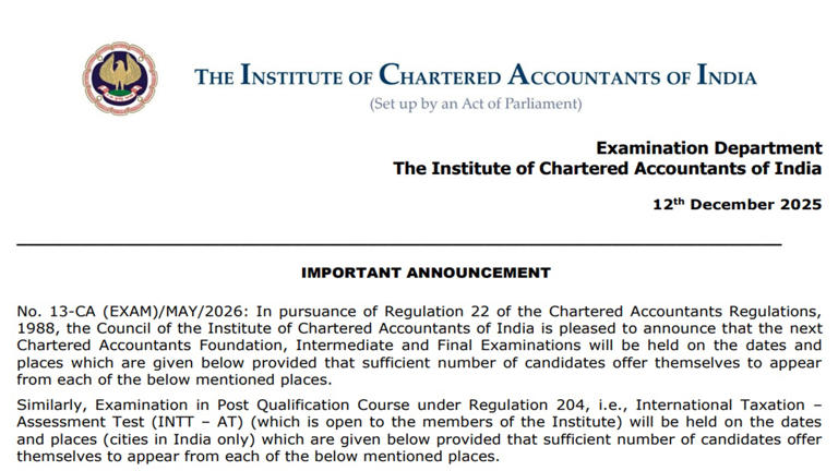 ICAI CA May 2026 exam dates announced, check schedule for foundation ...
